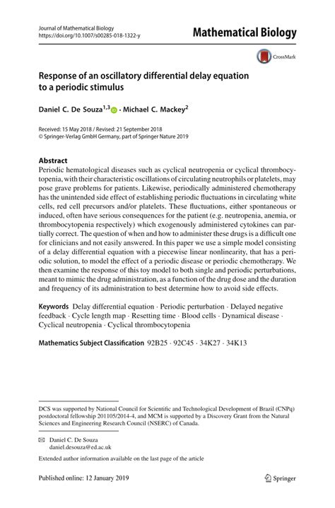 Pdf Response Of An Oscillatory Differential Delay Equation To A Periodic Stimulus