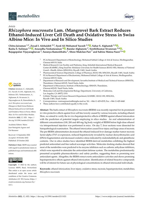 Pdf Rhizophora Mucronata Lam Mangrove Bark Extract Reduces Ethanol Induced Liver Cell Death