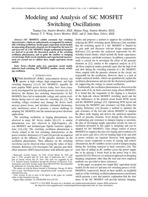Modeling And Analysis Of Sic Mosfet Switching Oscillations Pdf