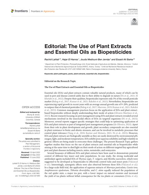 Pdf Editorial The Use Of Plant Extracts And Essential Oils As