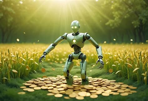 A Green Robot With Glowing Eyes Stands In A Field Of Wheat Reaching