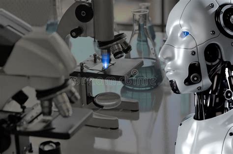 3d Robotic Render Artificial Intelligence With Microscope In Laboratory