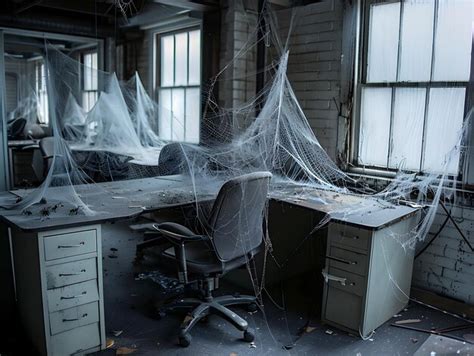 Abandoned Office With Ominous Spider Webs Symbolizing Labor Shortage