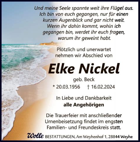 Traueranzeigen Von Elke Nickel Trauer Kreiszeitung De