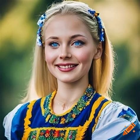 Swedish Blonde Woman In Folk Dress With Light Blue Eyes Smiling On Craiyon