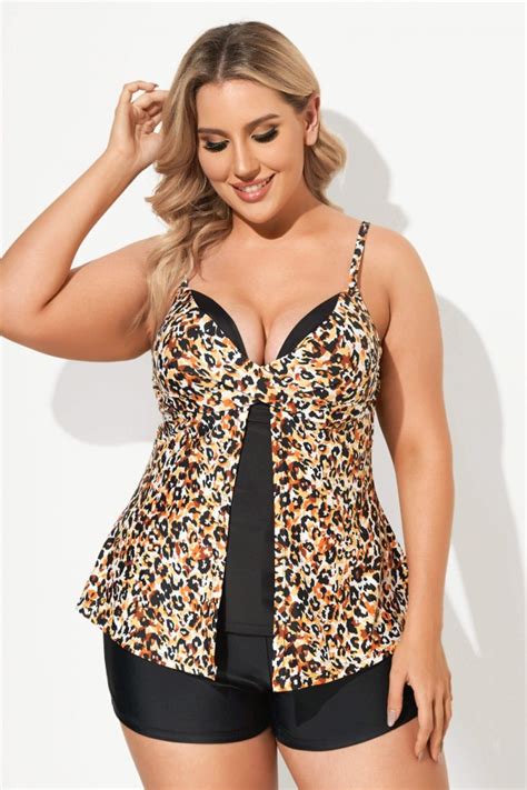 Leopard Printed Faux Flyaway Women Tankini Top Meetcurve Meetcurve