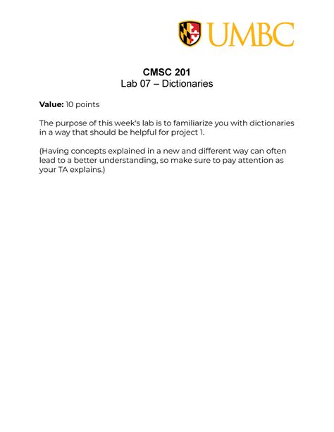 Cmsc 201 Lab 07 Dictionaries Fall23 Cmsc 201 Lab 07