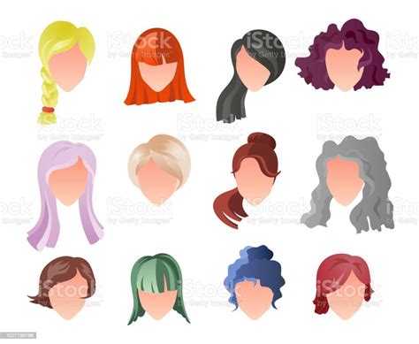 헤어스타일 실루엣 세트입니다 여자 여자 여자 머리 얼굴입니다 아름다움 벡터 평면 아바타입니다 아름 다운 헤어 스타일 아이콘 패션 보기 설정입니다 다른 색깔 머리 스타일링