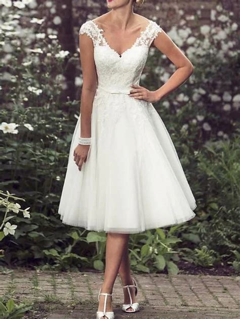 Bridal Shower A Line Wedding Dress V Neck Tea Length Lace Tulle Bridal