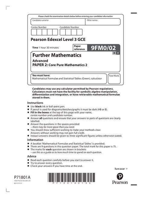 Pearson A Edexcel Level GCE FM Further Mathematics Advanced PAPER Core Pure