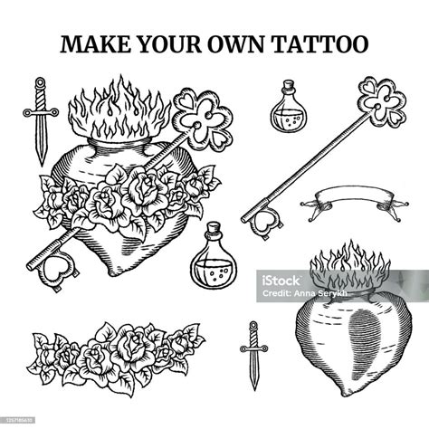 하트 장미 열쇠 병 리본과 칼을 새는 리본과 칼으로 장식된 구식 문신 요소와 흑백 색상과 복고풍 스타일 0명에 대한 스톡 벡터 아트 및 기타 이미지 Istock