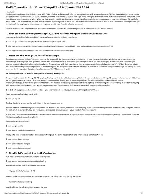 Unifi Controller V81x On Mongodb V70 Ubuntu Lts 2204 R Ubiquiti Pdf Cooking Food