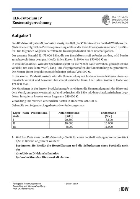 KLR Tutorium Aufgabenstellung Fachgebiet Rechnungswesen Controlling Und Studocu
