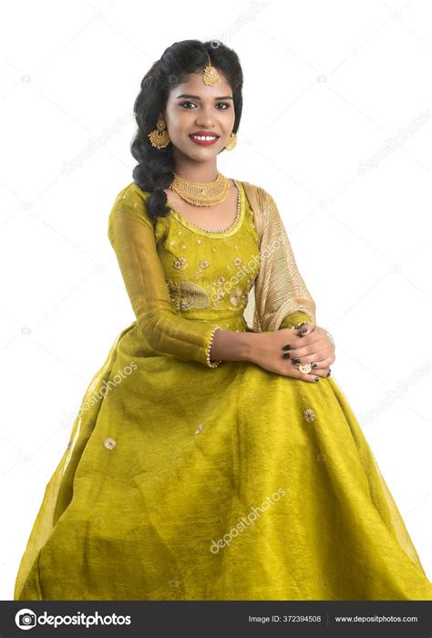 Portrait Beautiful Traditional Indian Girl Posing White Background