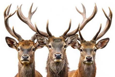 Three Red Deer Head With Antlers On White Background Generative Ai Stock Illustration
