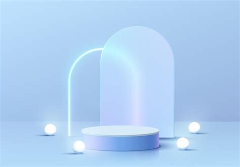 현실적인 원통 받침대 네온 조명 아치와 조명 공을 갖춘 추상 파란색 3d 배경 프리미엄 벡터