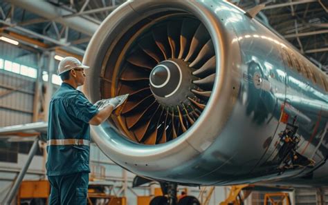 Premium Photo A Technician In A Blue Uniform Stands Before A Massive Jet Engine Inspecting It