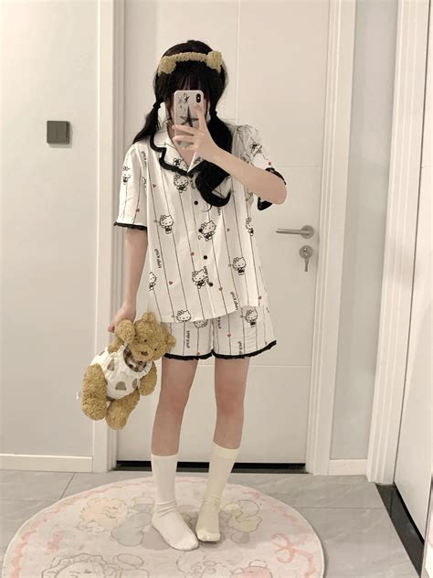 可爱凯蒂猫睡衣女夏季新款日系ins甜美少女风短袖开衫家居服套装 17网