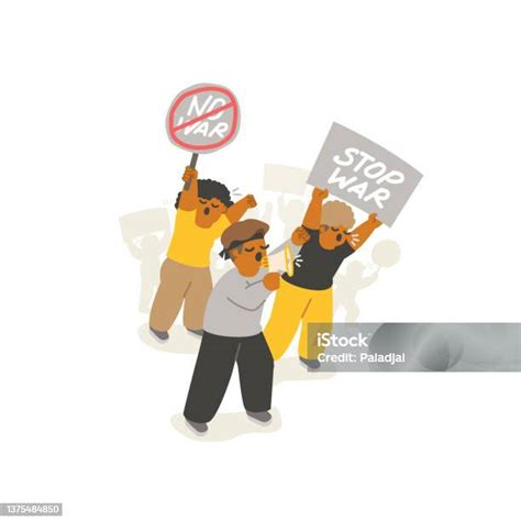 사람들은 전쟁을 끝내기 위해 항의합니다 흰색 배경에 귀여운 만화 일러스트 벡터 항의 개념 아이디어 사람들에 대한 스톡 벡터 아트