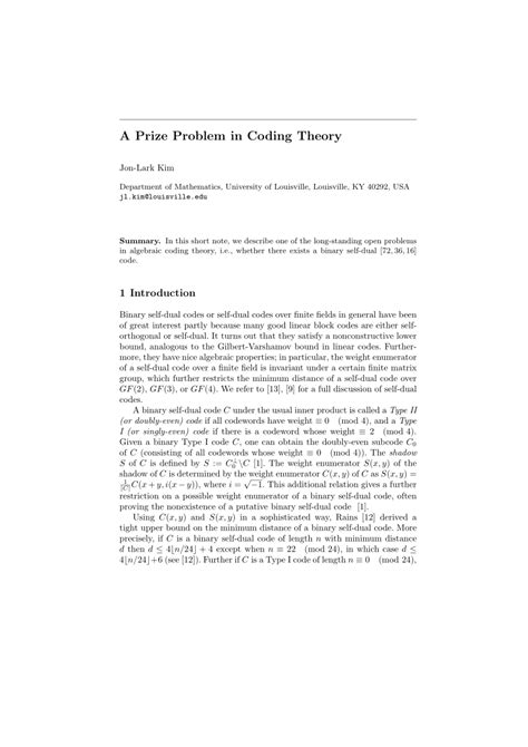 Pdf A Prize Problem In Coding Theory