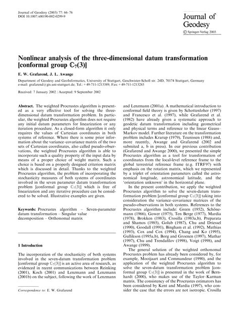 Pdf Nonlinear Analysis Of The Three Dimensional Datum Transformation Conformal Group C73