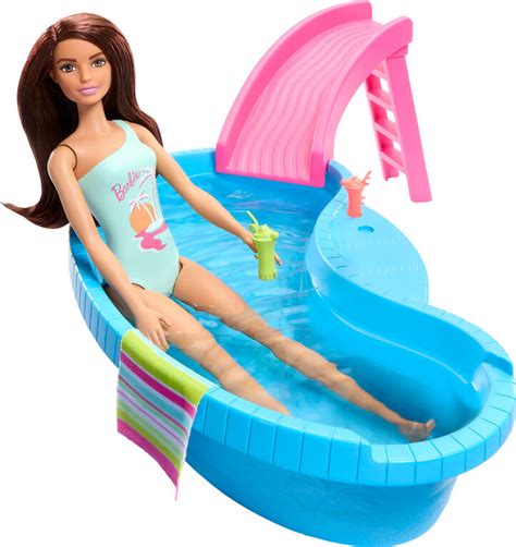 Barbie Doll And Pool Playset Brunette With Pool Slide Towel And