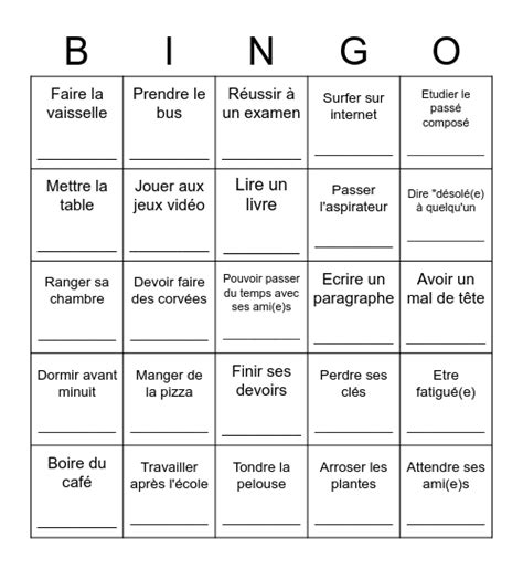 Passé Composé Bingo Card