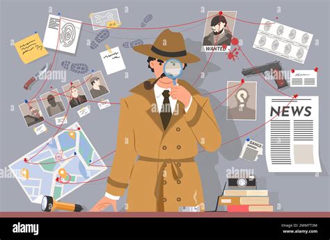 Detective With Magnifying Glass In Office Vector Stock Vector Image And Art Alamy