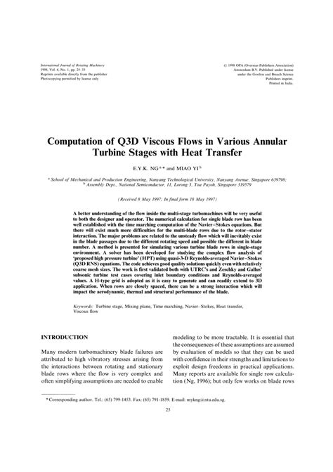 Pdf Computation Of Q3d Viscous Flows In Various Annular Turbine Stages With Heat Transfer