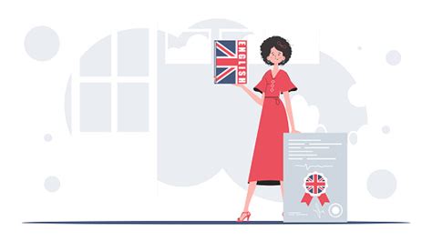 영어 학습의 개념 한 여성이 영어 사전과 증명서를 손에 쥐고 있습니다 트렌디 한 평면 스타일 벡터 강당에 대한 스톡 벡터 아트 및 기타 이미지 Istock