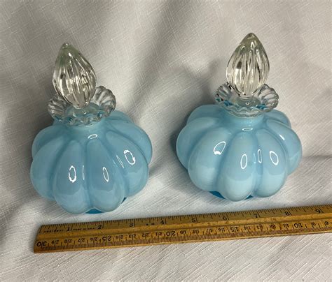 Beautiful Fenton Blue Overlay Melon Glass Perfume Bottles 2 Vanity Set