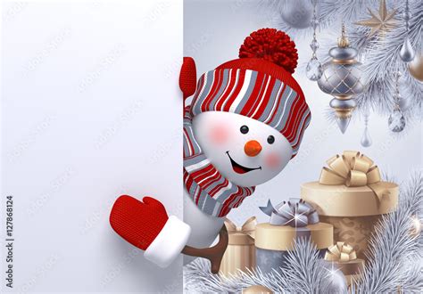 3d Curious Snowman Looking Out Christmas Ornaments Balls Poster