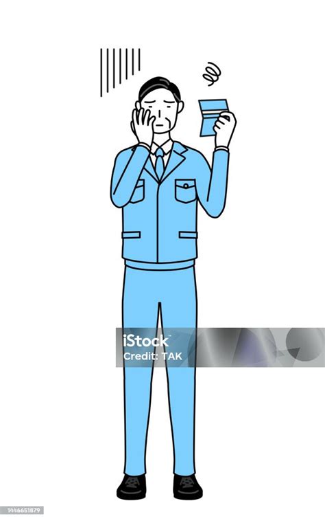 경영진 관리자 공장 관리자 작업복을 입은 남자가 통장을보고 우울함을 느낍니다 거래 내역서에 대한 스톡 벡터 아트 및 기타 이미지 거래 내역서 건설 산업 건설업자