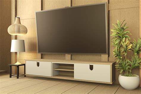 흰색 나무 바닥과 흰색 벽에 Tv 캐비닛 거실 일본 스타일의 미니멀하고 선 인테리어3d 렌더링 0명에 대한 스톡 사진 및 기타