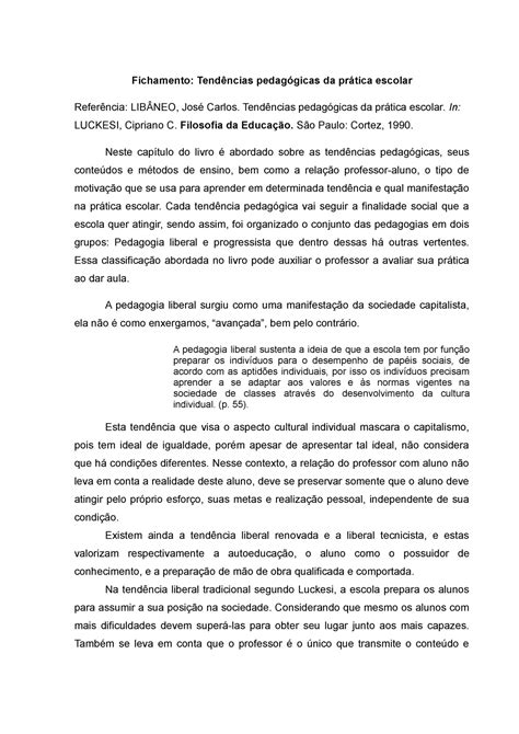 Fichamento Tendências Pedagógicas Da Prática Escolar Fichamento Da