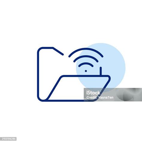 파일 폴더와 Wifi를 엽니다 무선 파일 공유 디지털 저장소에 대한 원격 액세스 클라우드 동기화 벡터 아이콘 0명에 대한 스톡
