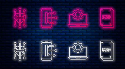 설정 라인 스마트 폰 휴대 전화 노트북 및 장비 프로세서 및 Ssd 카드 벽돌 벽에 빛나는 네온 아이콘입니다 벡터 Cpu에 대한 스톡 벡터 아트 및 기타 이미지 Istock