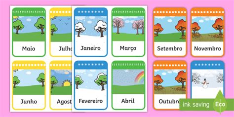 Cartões dos meses do ano dia semana mes dias semanas