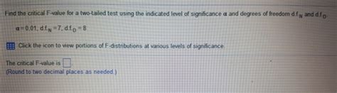 Solved Find The Critical F Value For A Two Tailed Test Using Chegg Com