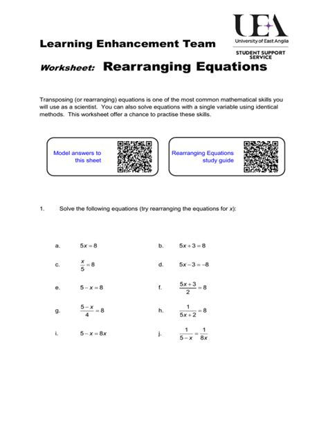 Rearranging Equations Worksheet