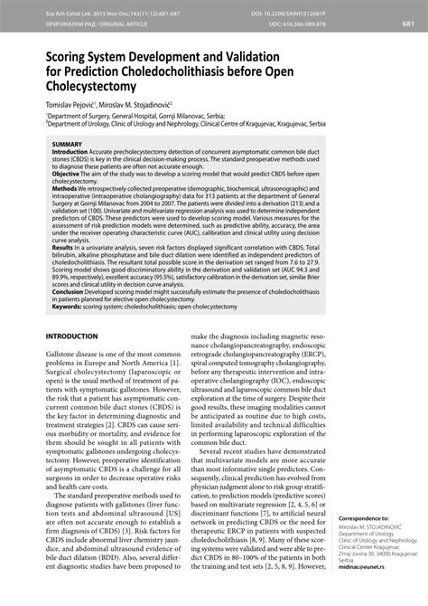 Pdf Scoring System Development And Validation For Prediction Choledocholithiasis Before Open