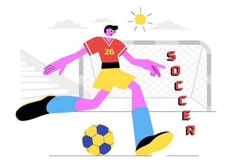 축구 터 일러스트레이션은 평평한 만화 배경에서 축구 리그와 스포츠 경기를 위해 녹색 경기장에서 축구 공을 한 남자를 특징으로
