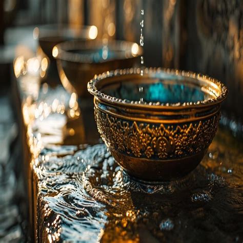 A Bowl With Gold Trim Sits On A Table With Other Glassware Premium Ai