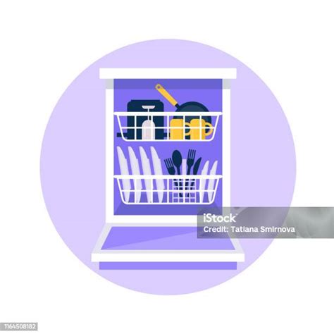 식기 세척기 플랫 벡터 그림입니다 그것에 깨끗한 접시 접시 칼 컵 팬에 깨끗한 접시와 오픈 식기 세척기 기계 가사 집안일에 대한 스톡 벡터 아트 및 기타 이미지 Istock