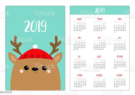 Raindeer 사슴 머리 얼굴 빨간 모자 뿔입니다 간단한 포켓 달력 레이아웃 2019 새 해입니다 주 일요일을 시작합니다 만화