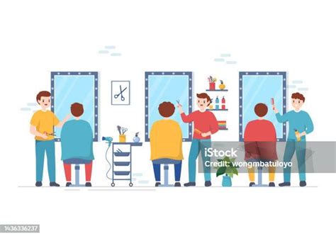 남성 또는 여성 고객을위한 이발소 거울 책상 및 헤어 커팅 장비가있는 이발 플랫 만화 손으로 그린 템플릿 일러스트 레이 션