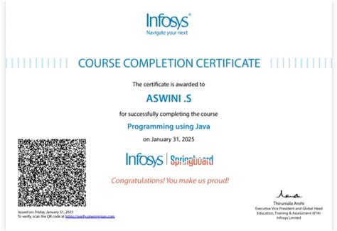 I Am Successfully Completed A Java Program Course In Infosys