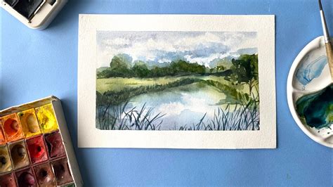 Как нарисовать пейзаж с озером и лесом акварелью Watercolor Landscape Tutorial Youtube