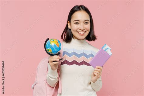 Traveler Tourist Student Girl Of Asian Ethnicity Wear Sweater Hold