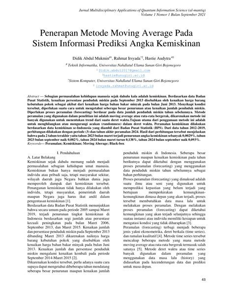 Pdf Penerapan Metode Moving Average Pada Sistem Informasi Prediksi Angka Kemiskinan